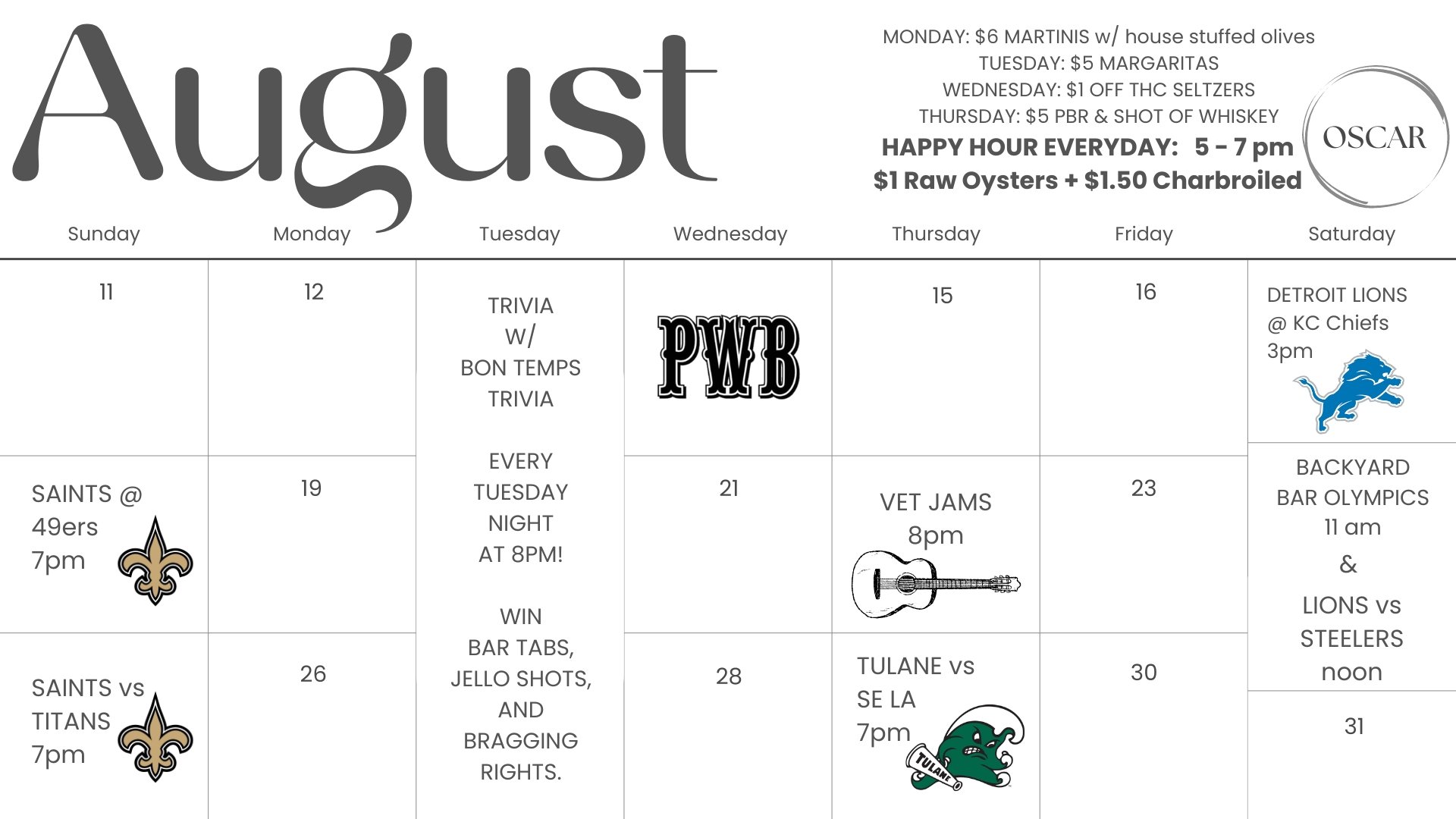 Calendar — Pirogue's Whiskey Bayou - Cocktails and Food on St. Claude Ave