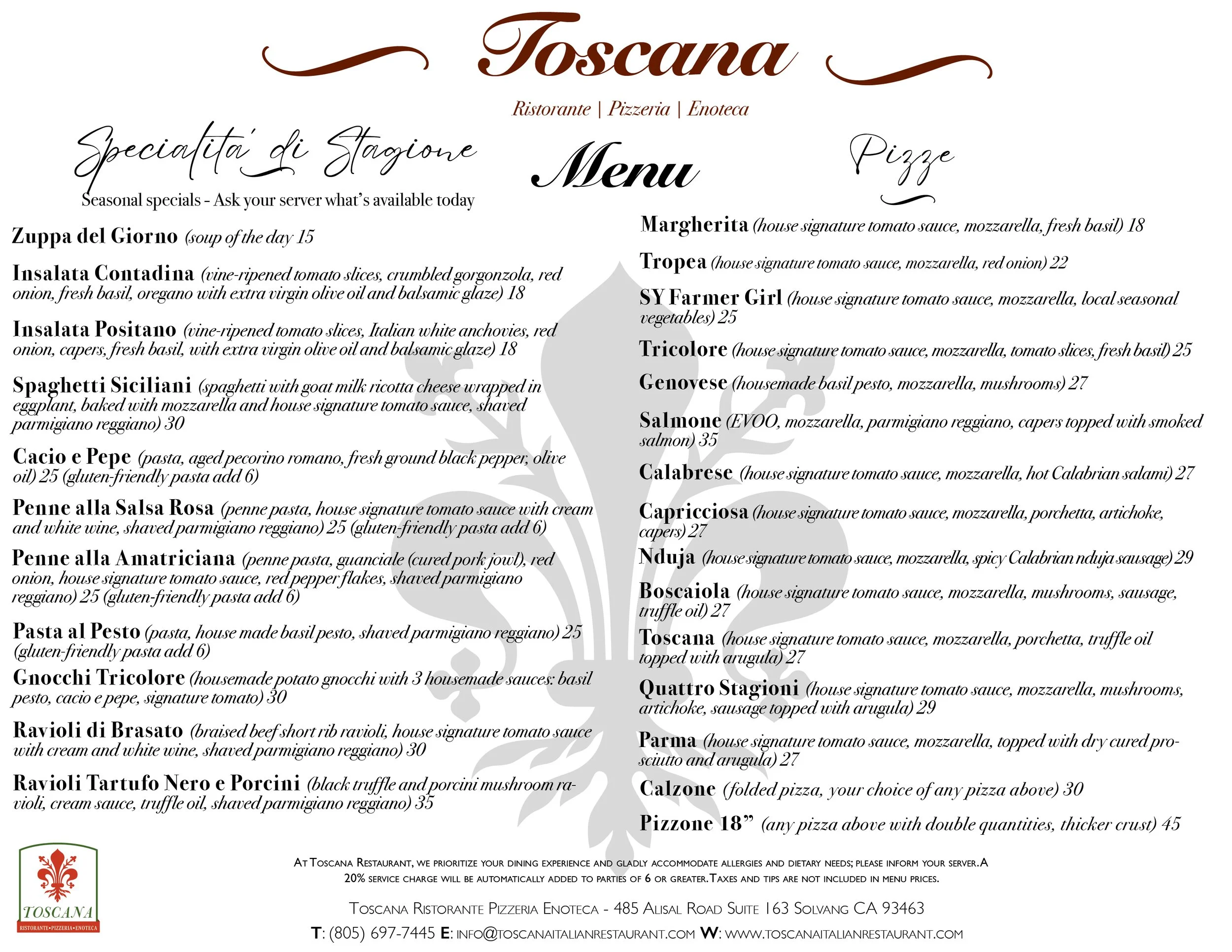 Menu — Toscana Ristorante Pizzeria