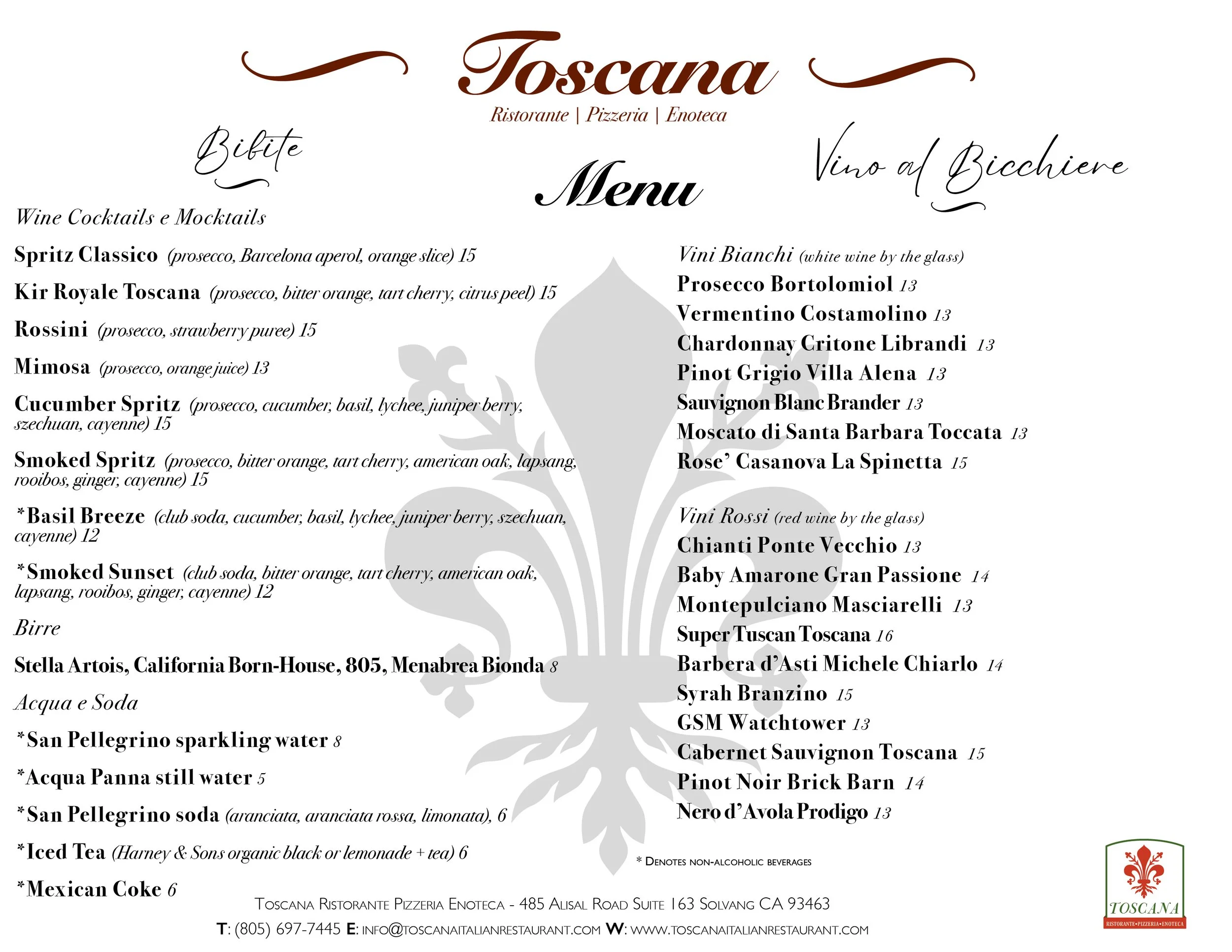 Menu — Toscana Ristorante Pizzeria