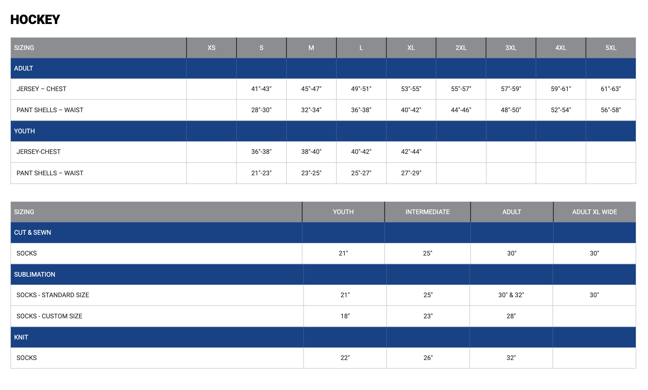 Uniform Sizing Chart — Western Selects Girls Hockey