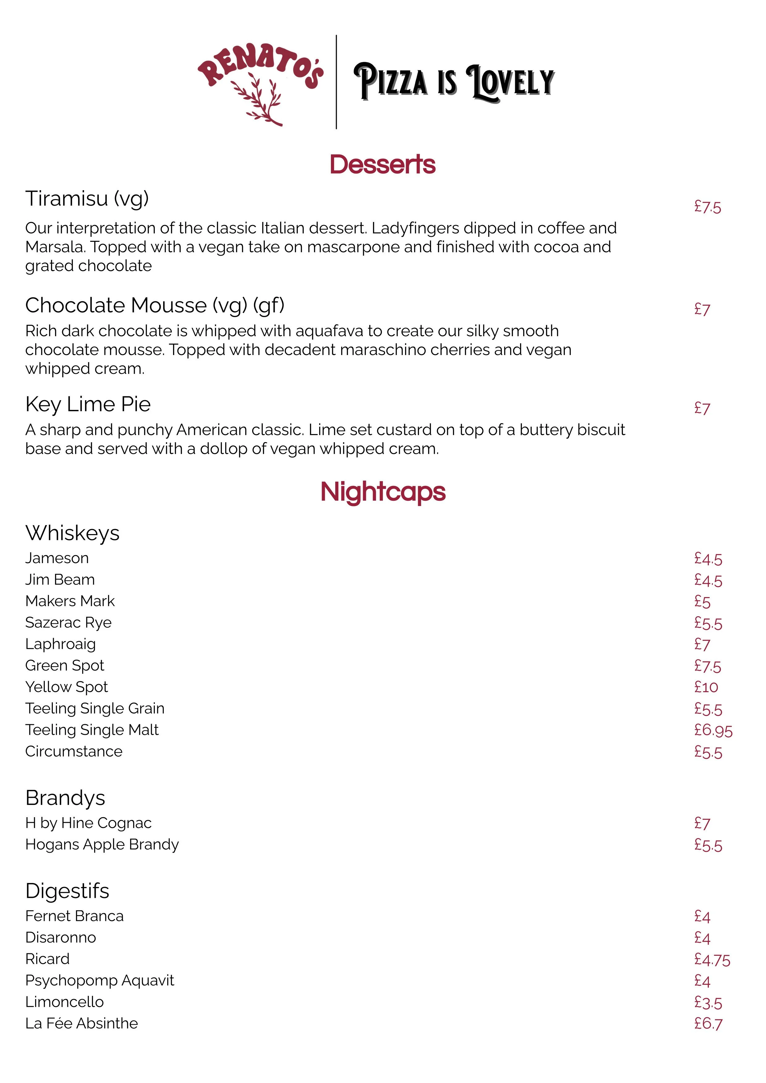 Restaurant Menu — Renatos Bar and Restaurant