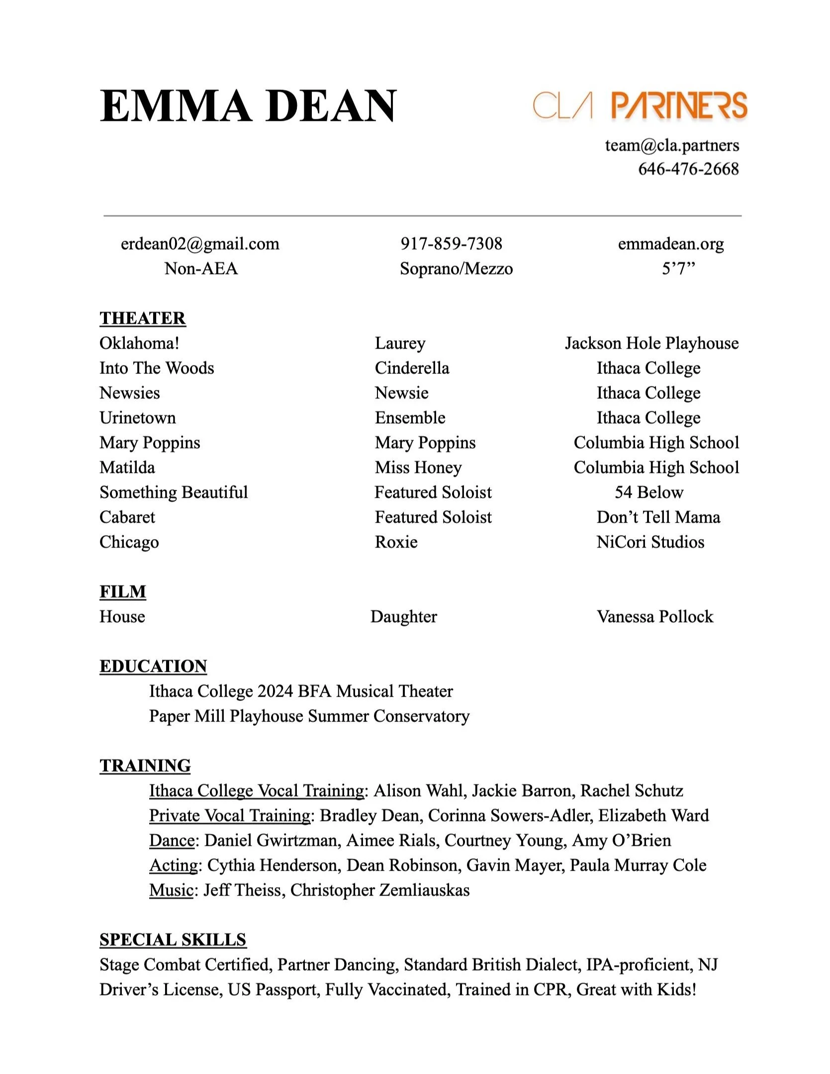 Headshot & Resume — EMMA DEAN