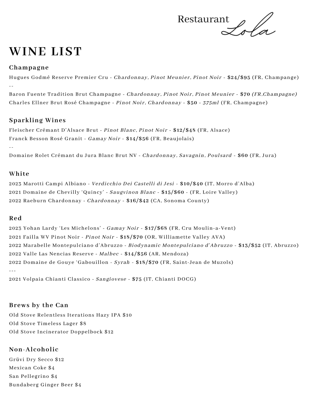 Restaurant Lola Menu — Restaurant Lola - Bremerton