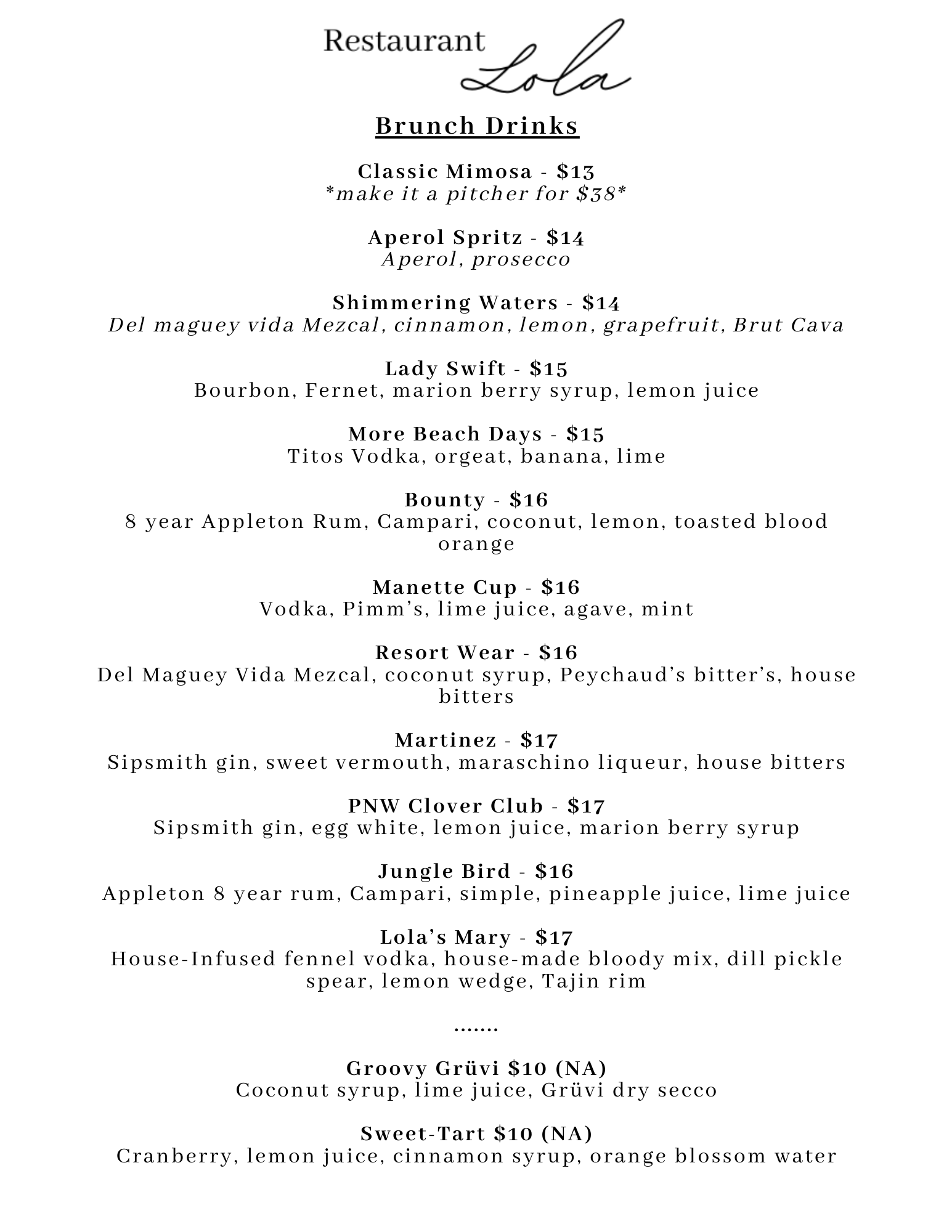 Restaurant Lola Menu — Restaurant Lola - Bremerton