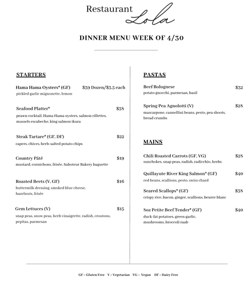 Restaurant Lola Menu — Restaurant Lola - Bremerton