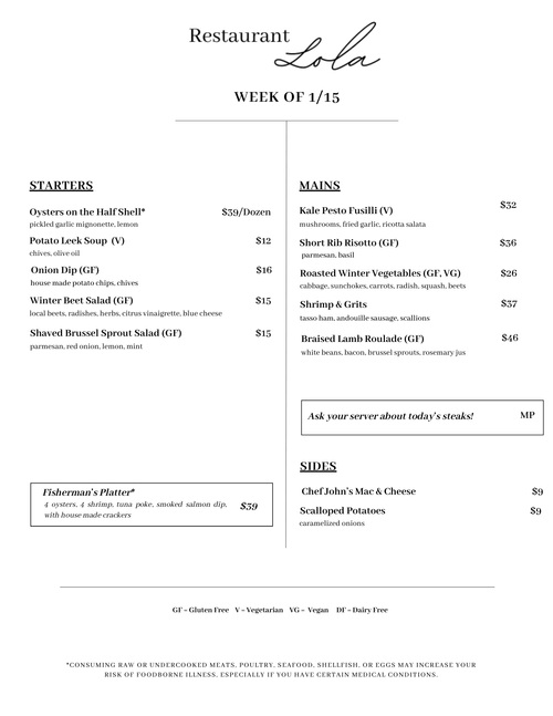 Restaurant Lola Menu — Restaurant Lola - Bremerton