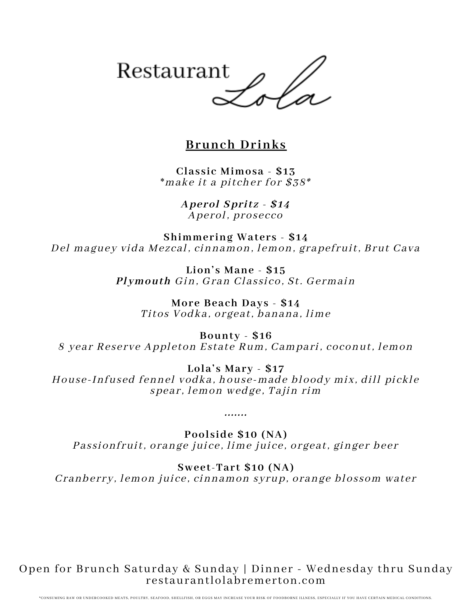 Restaurant Lola Menu — Restaurant Lola - Bremerton