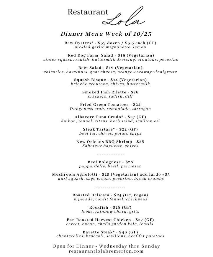 Restaurant Lola Menu — Restaurant Lola - Bremerton