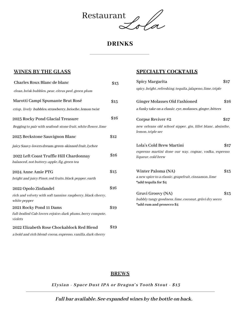 Restaurant Lola Menu — Restaurant Lola - Bremerton