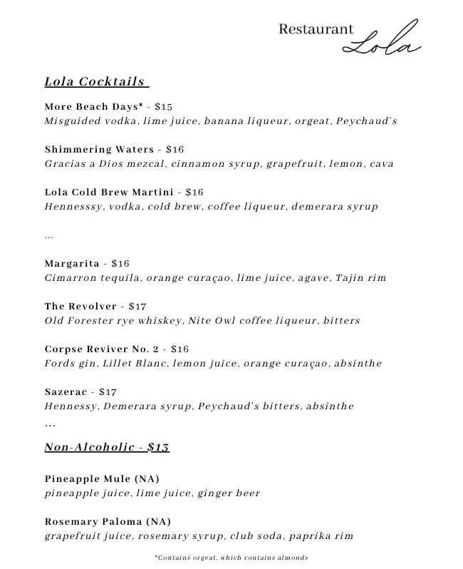 Restaurant Lola Menu — Restaurant Lola - Bremerton