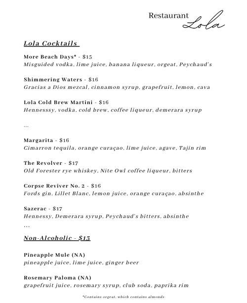 Restaurant Lola Menu — Restaurant Lola - Bremerton