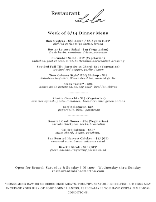 Restaurant Lola Menu — Restaurant Lola - Bremerton