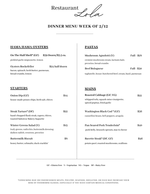 Restaurant Lola Menu — Restaurant Lola - Bremerton