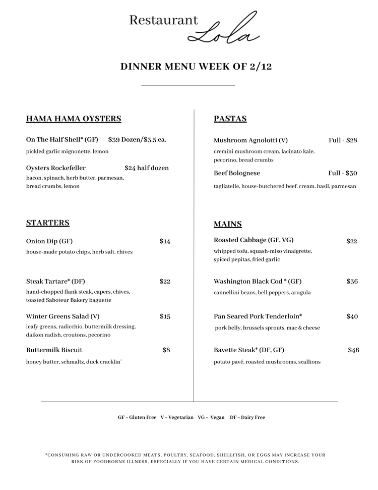 Restaurant Lola Menu — Restaurant Lola - Bremerton