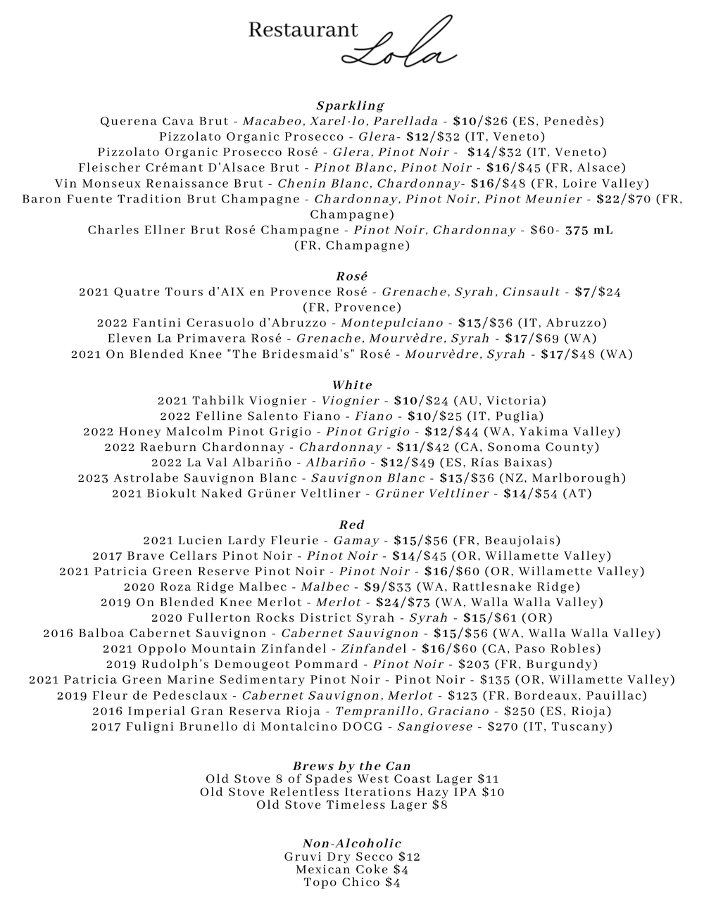 Restaurant Lola Menu — Restaurant Lola - Bremerton
