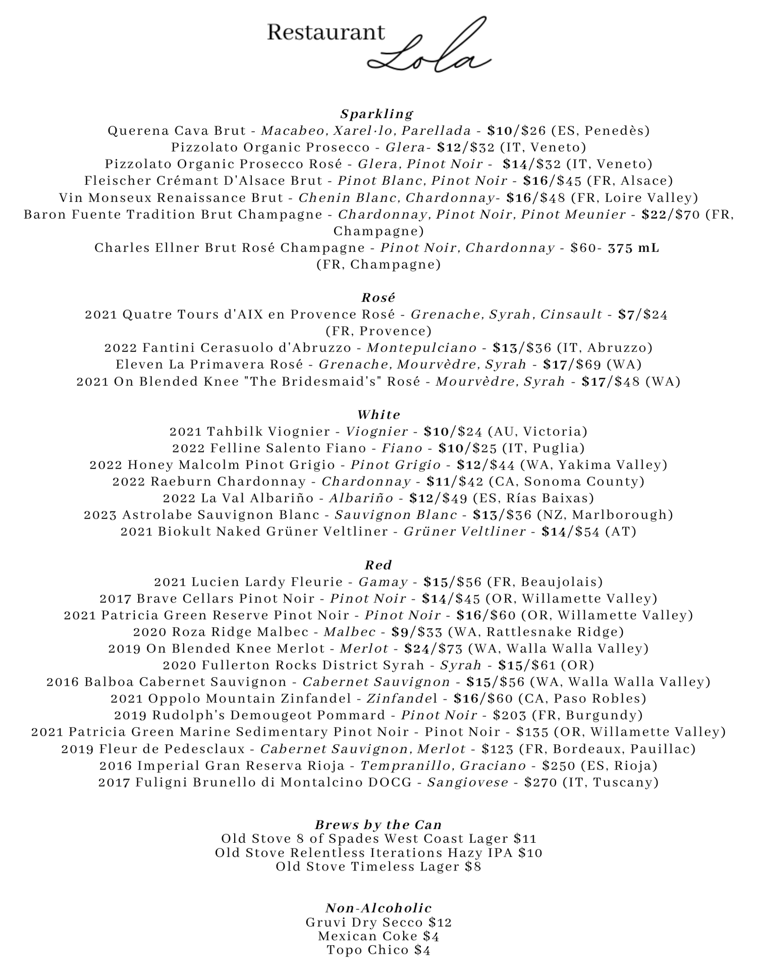 Restaurant Lola Menu — Restaurant Lola - Bremerton