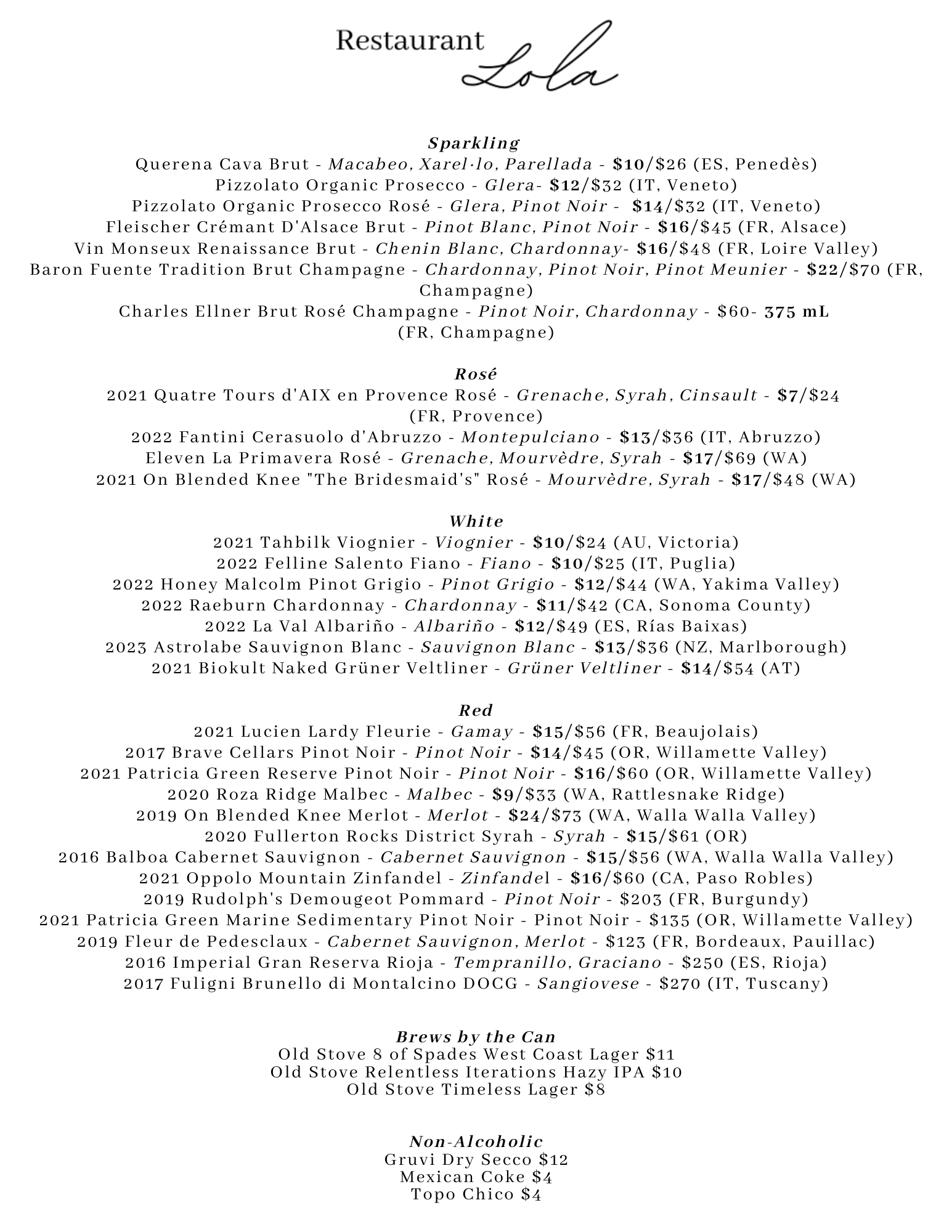 Restaurant Lola Menu — Restaurant Lola - Bremerton