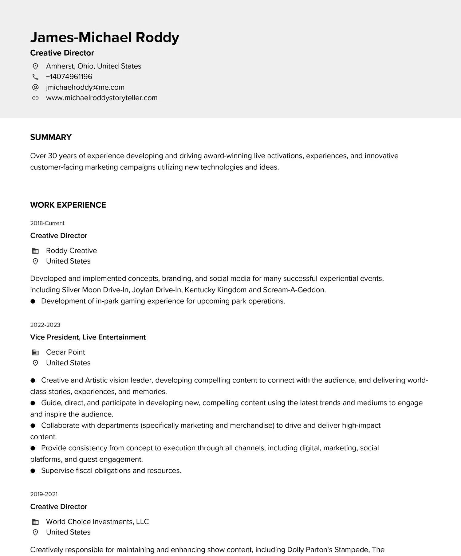 Resume — Michael Roddy Storyteller