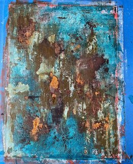 a portrait in water-based cold wax (powerwax) and acrylics