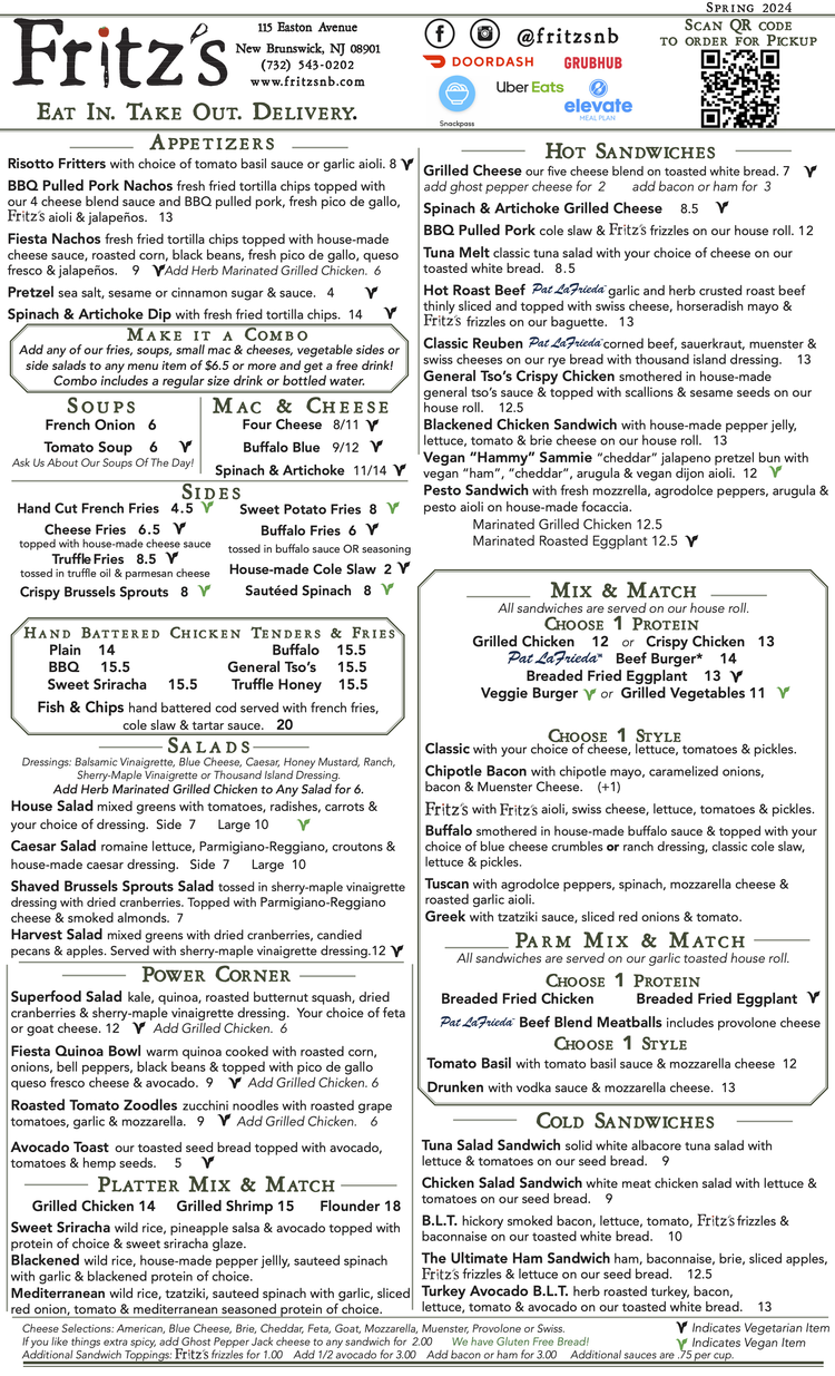Restaurant Menu — Fritz's