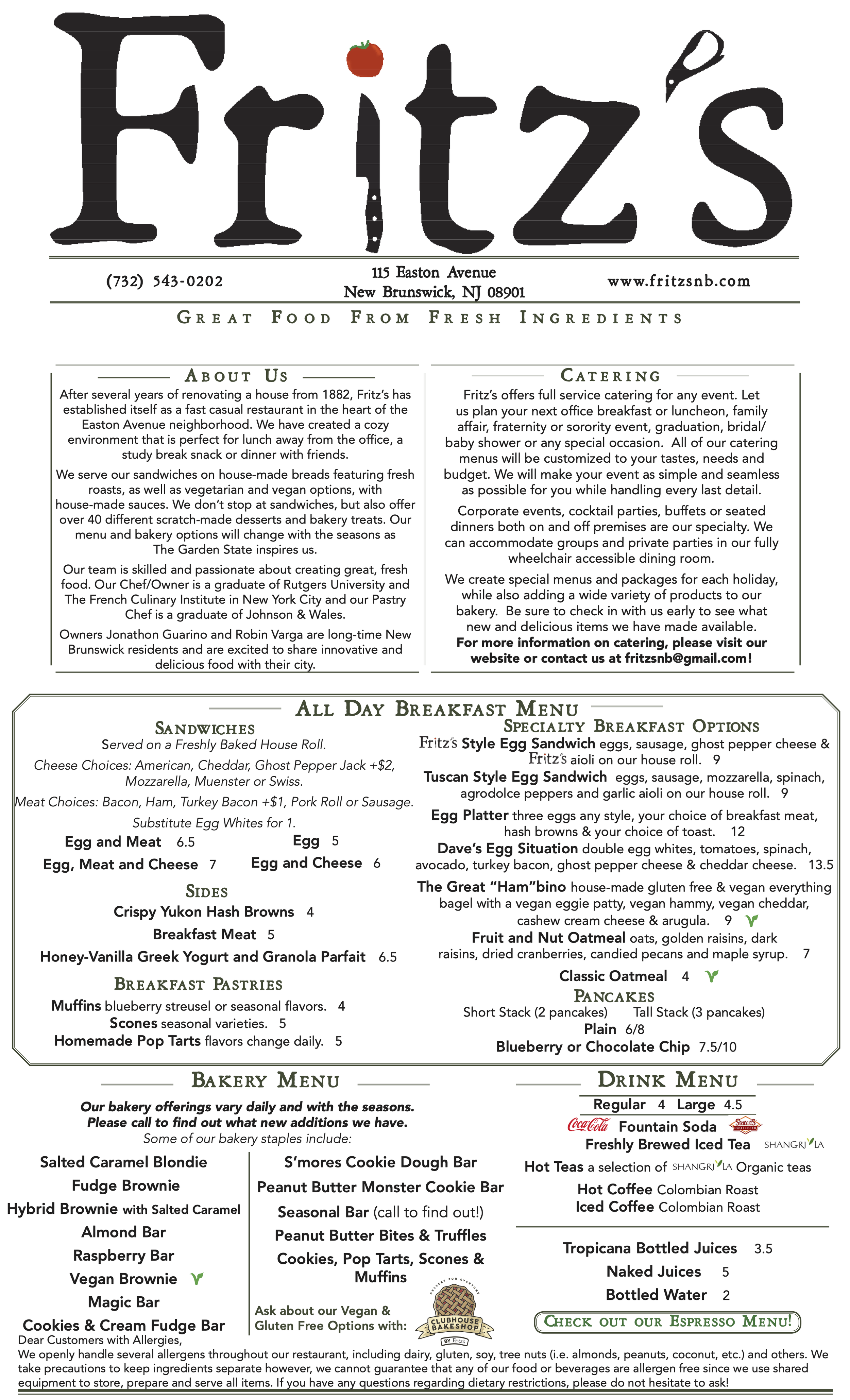 Restaurant Menu — Fritz's