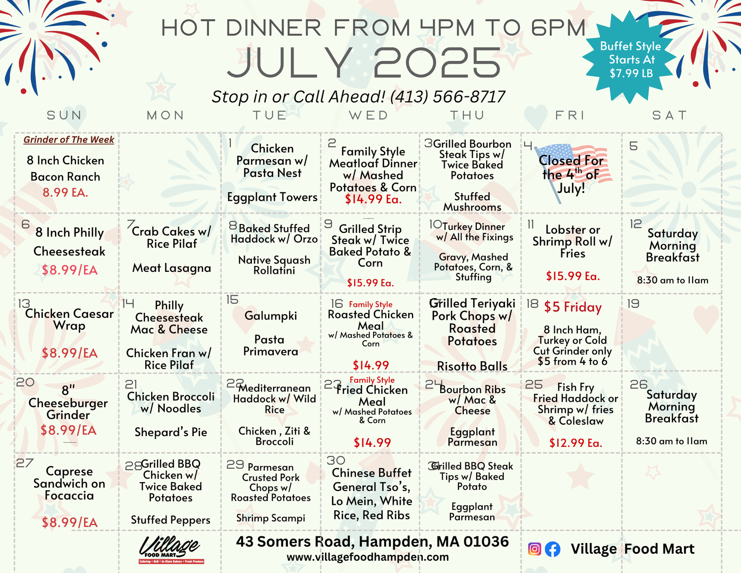 Lunch/Dinner Menus — Village Food Mart