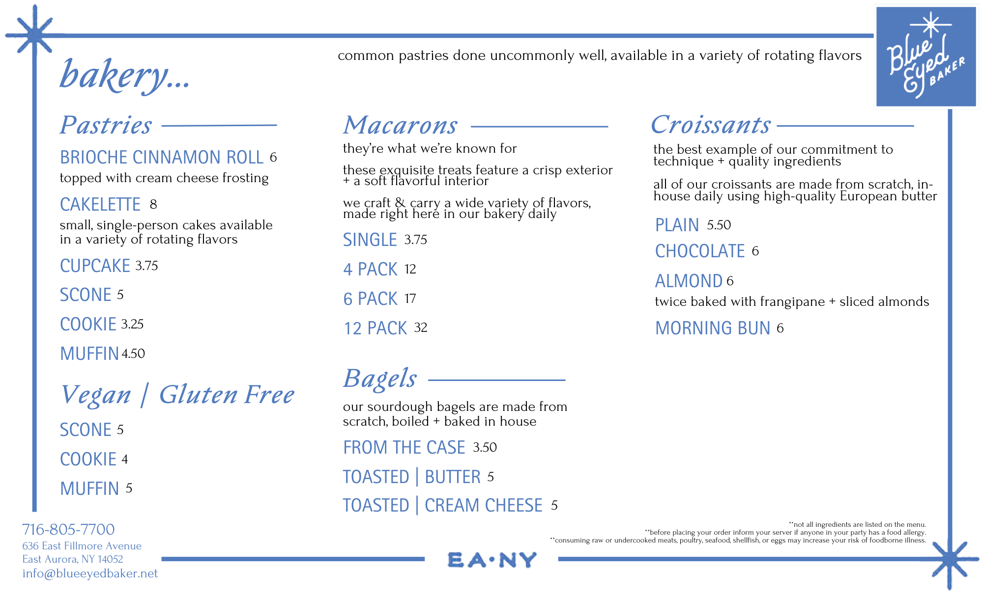 Blue Eyed Baker's Menu - Artisan Baked Delights in East Aurora, NY