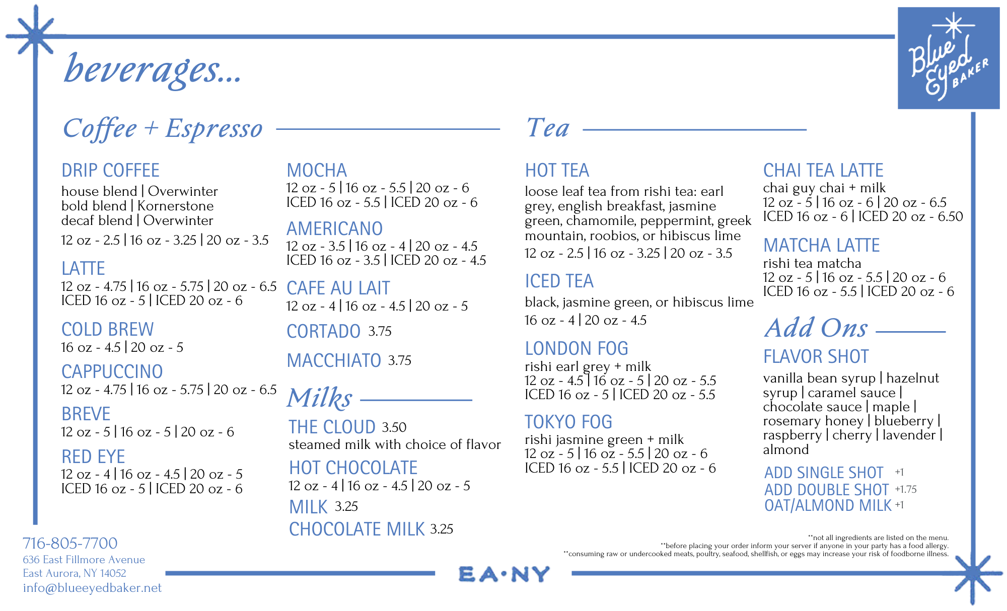 Blue Eyed Baker's Menu - Artisan Baked Delights in East Aurora, NY