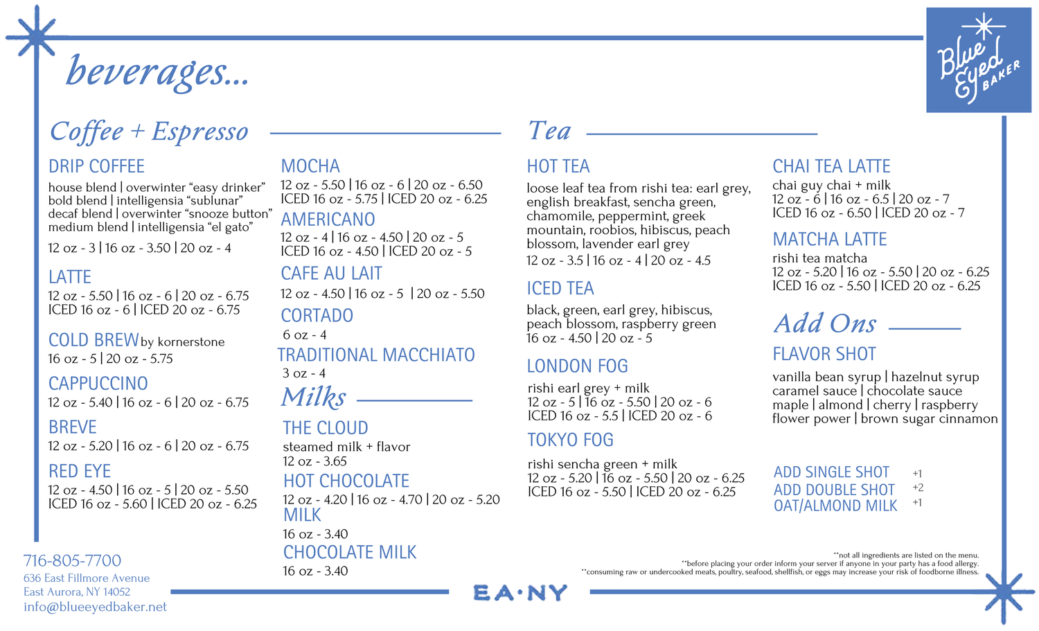 Blue Eyed Baker's Menu - Artisan Baked Delights in East Aurora, NY