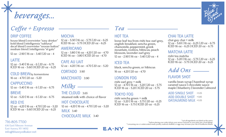 Blue Eyed Baker's Menu - Artisan Baked Delights in East Aurora, NY