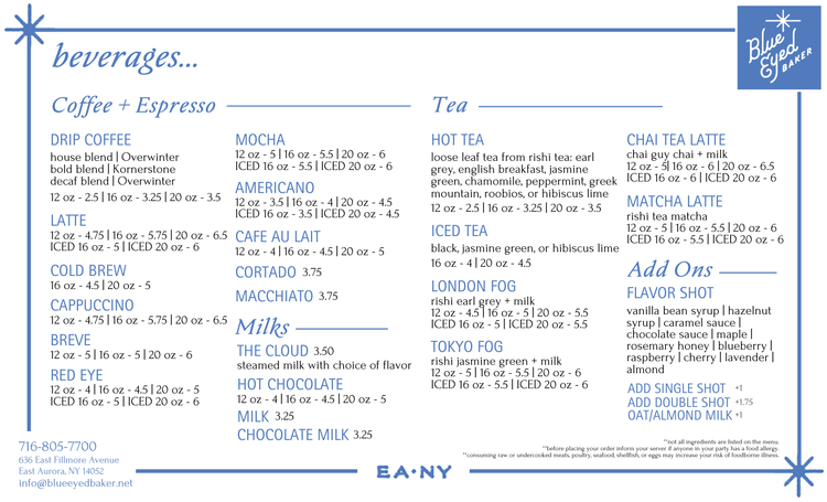 Blue Eyed Baker's Menu - Artisan Baked Delights in East Aurora, NY