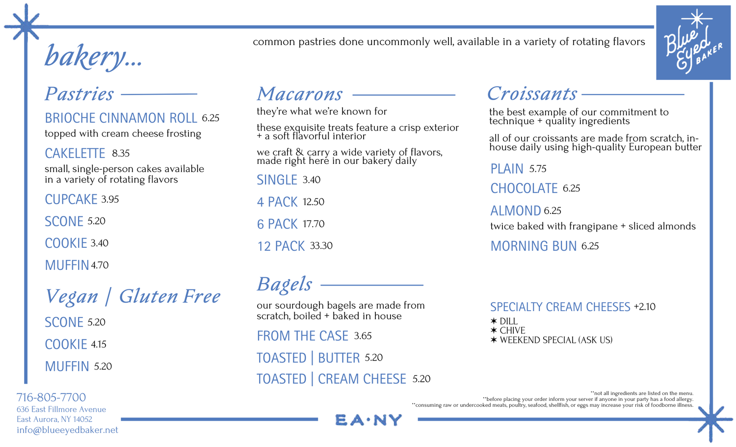 Blue Eyed Baker's Menu - Artisan Baked Delights in East Aurora, NY