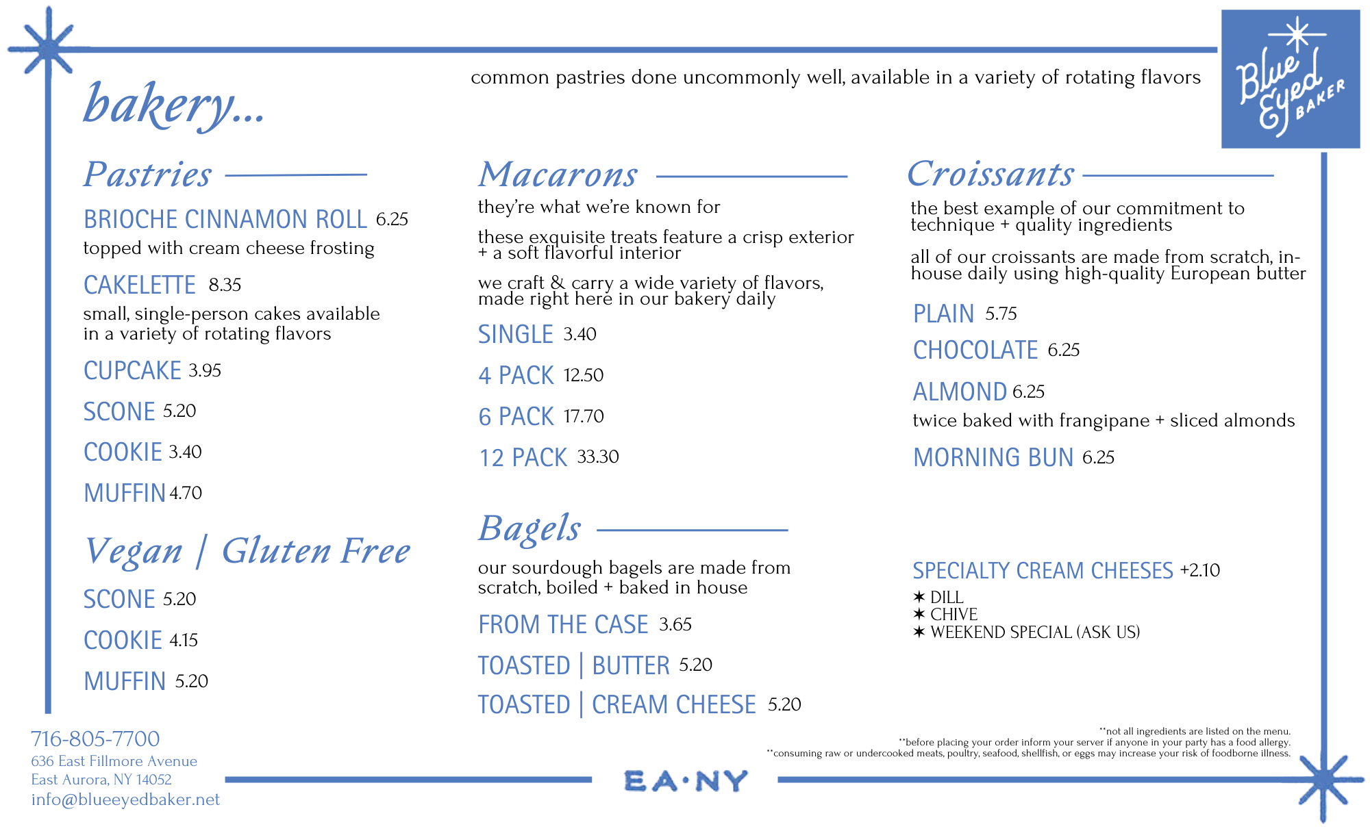 Blue Eyed Baker's Menu - Artisan Baked Delights in East Aurora, NY