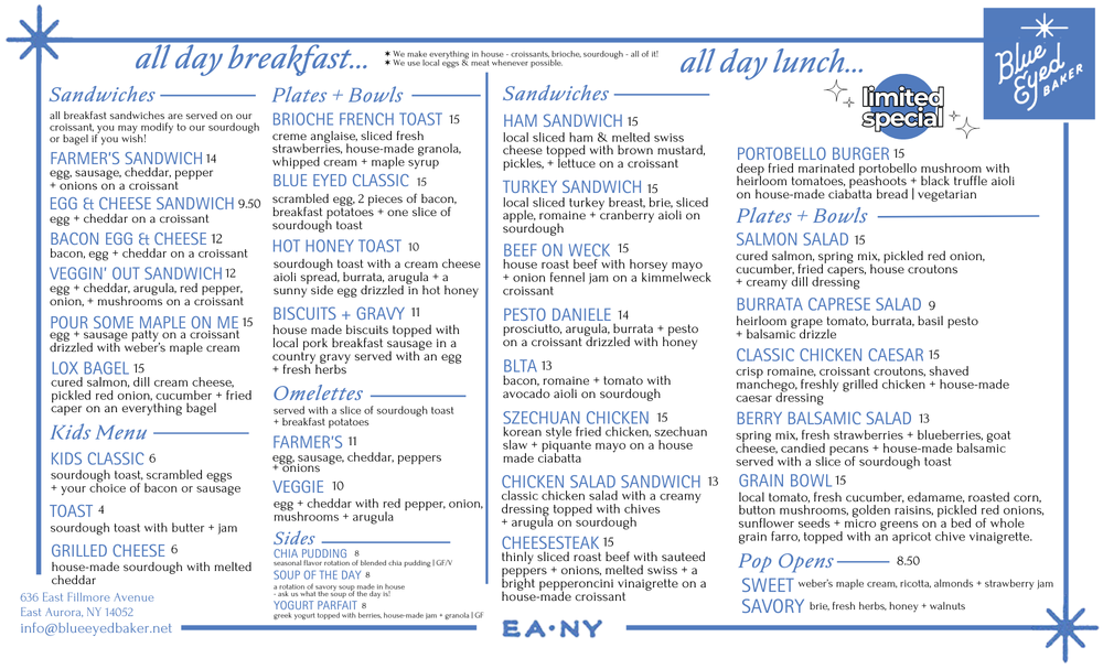 Blue Eyed Baker's Menu - Artisan Baked Delights in East Aurora, NY