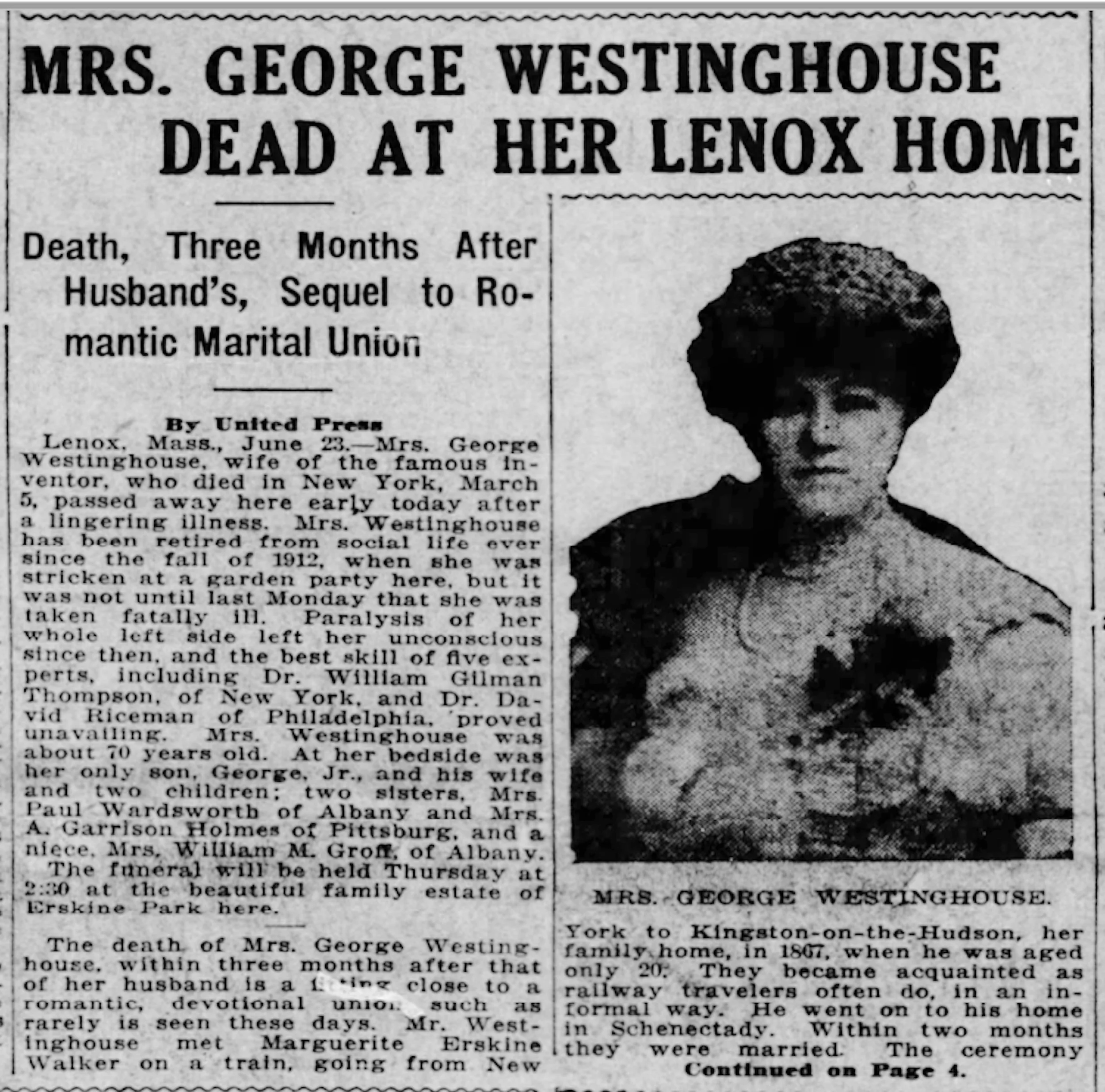 MRS. GEORGE WESTINGHOUSE DEAD AT HER LENOX HOME — The Westinghouse Legacy