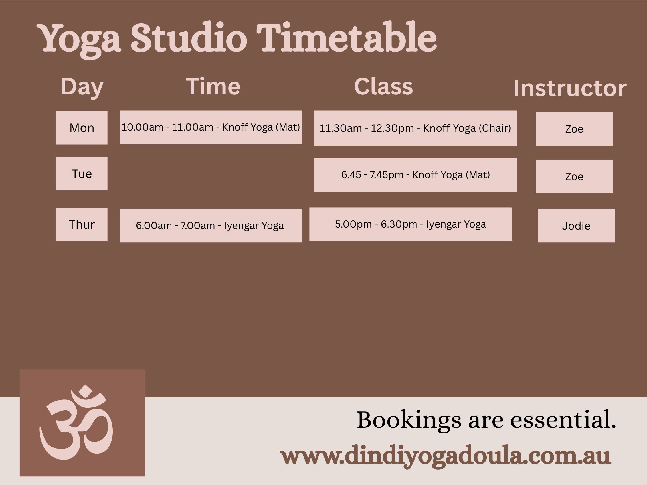 Class Timetable — Dinda Yoga Doula Yoga Teaching & Doula Services