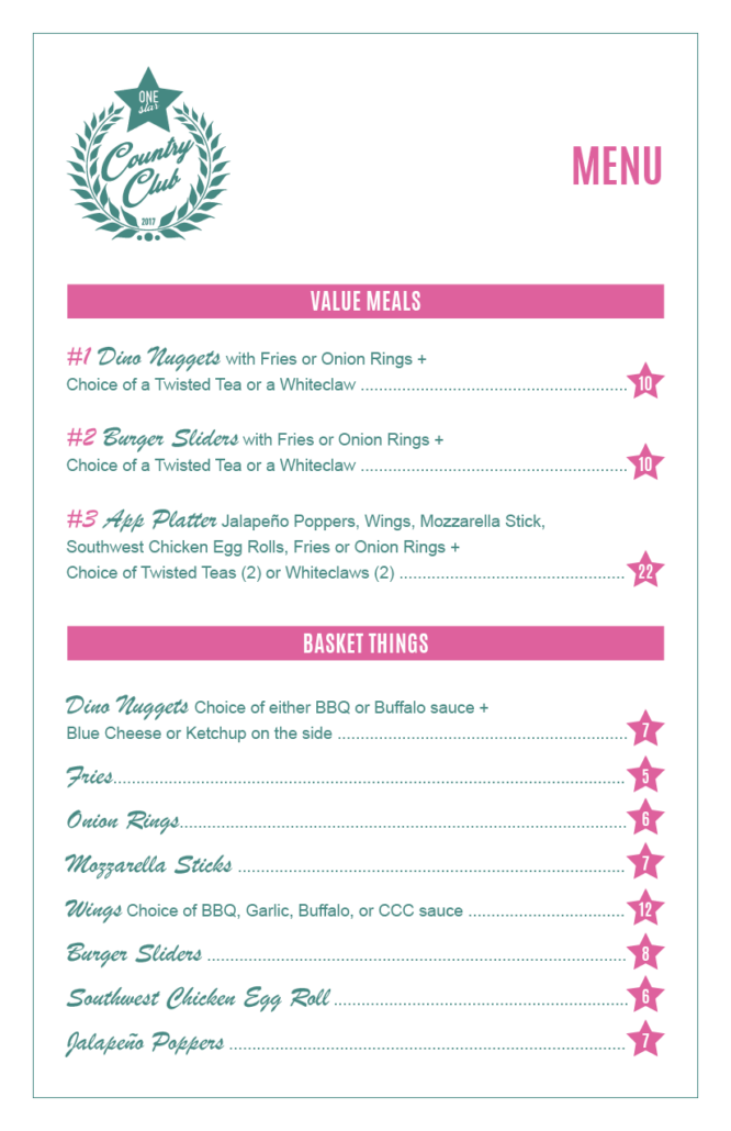 Menu — One Star Country Club