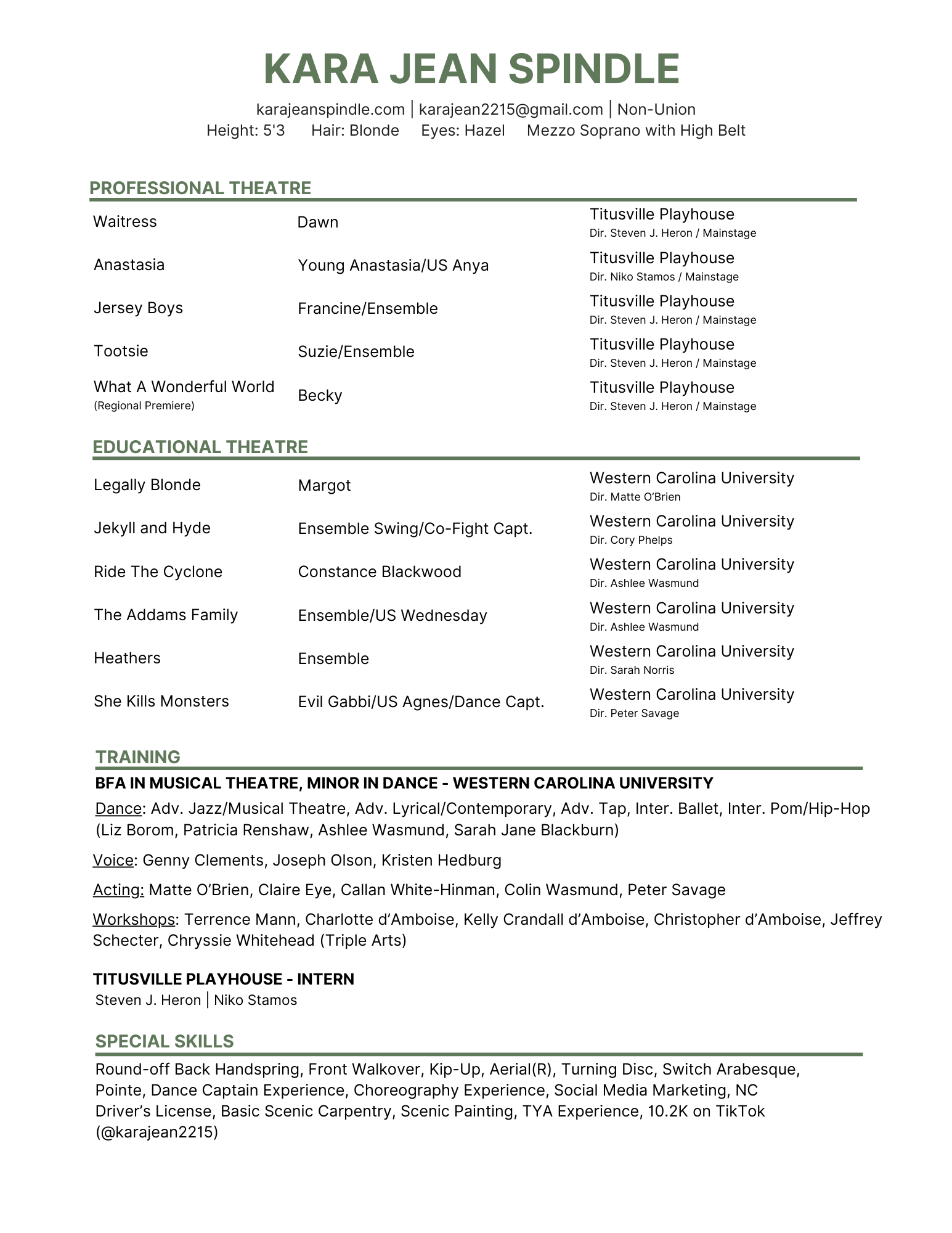 Headshot + Resume — Kara Jean Spindle