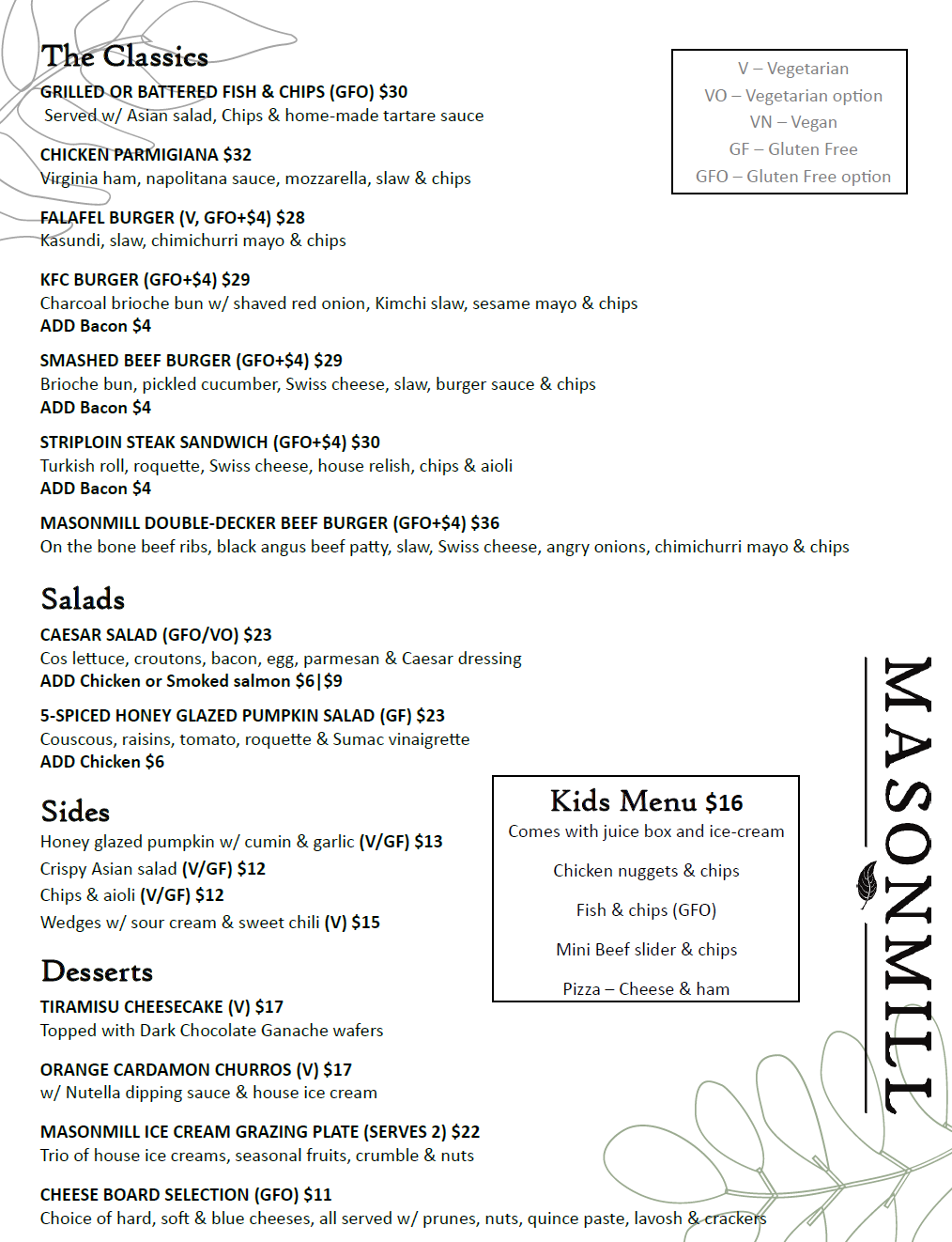Menu — Masonmill Perth Hills