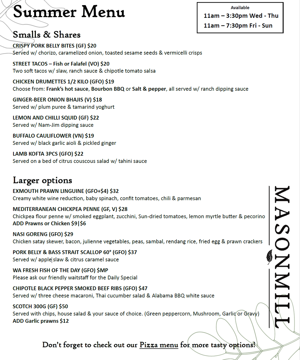 Menu — Masonmill Perth Hills