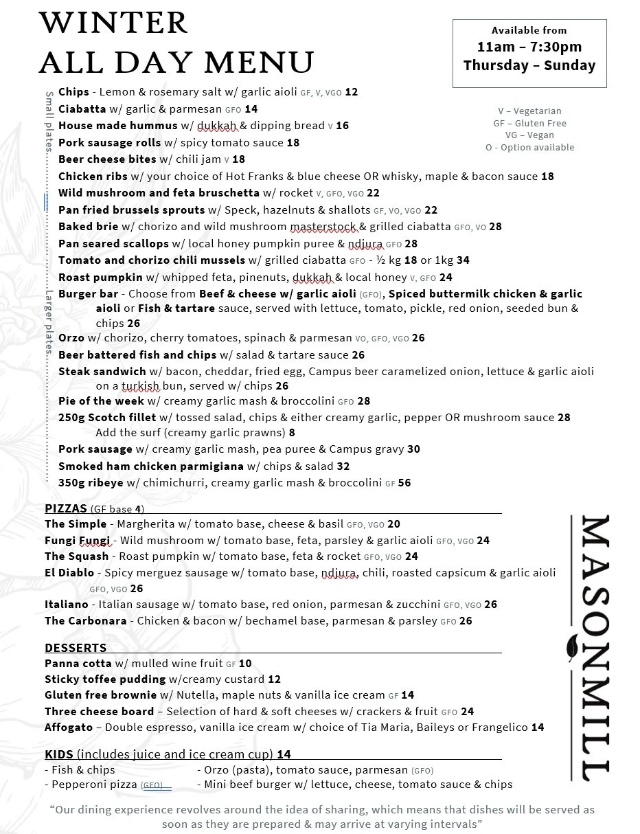 Menu — Masonmill Perth Hills