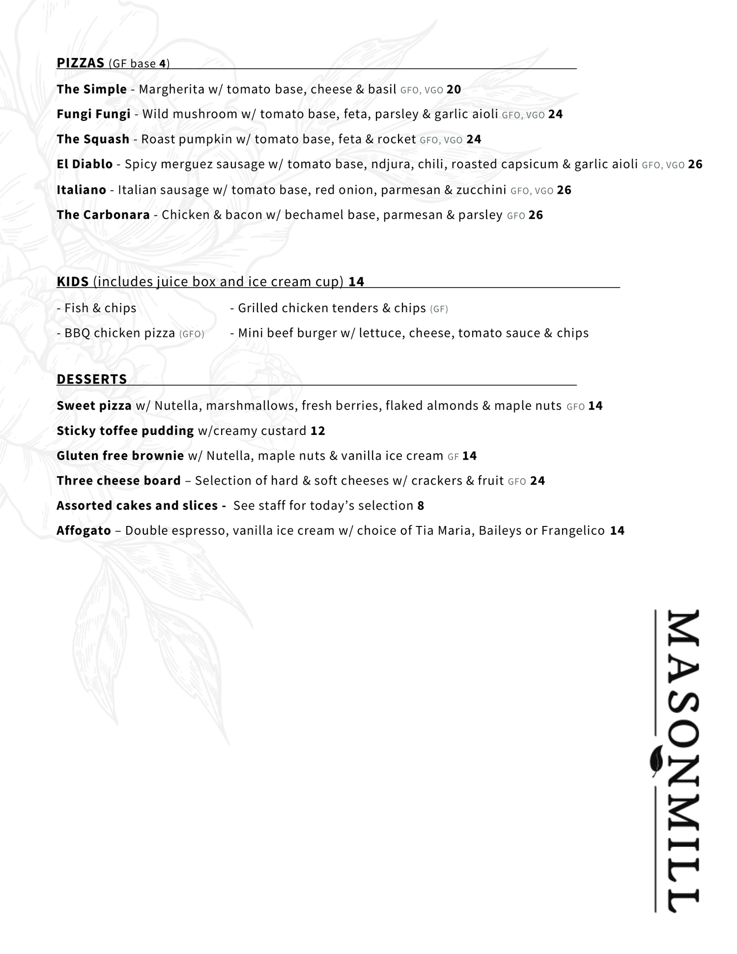 Menu — Masonmill Perth Hills