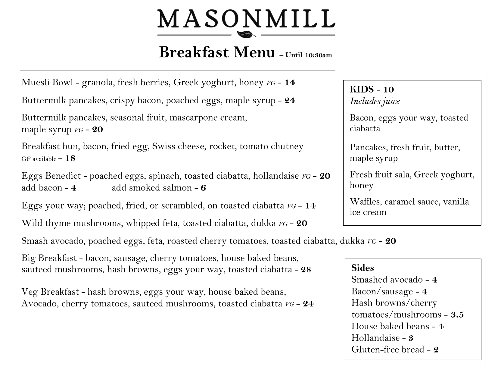 Menu — Masonmill Perth Hills