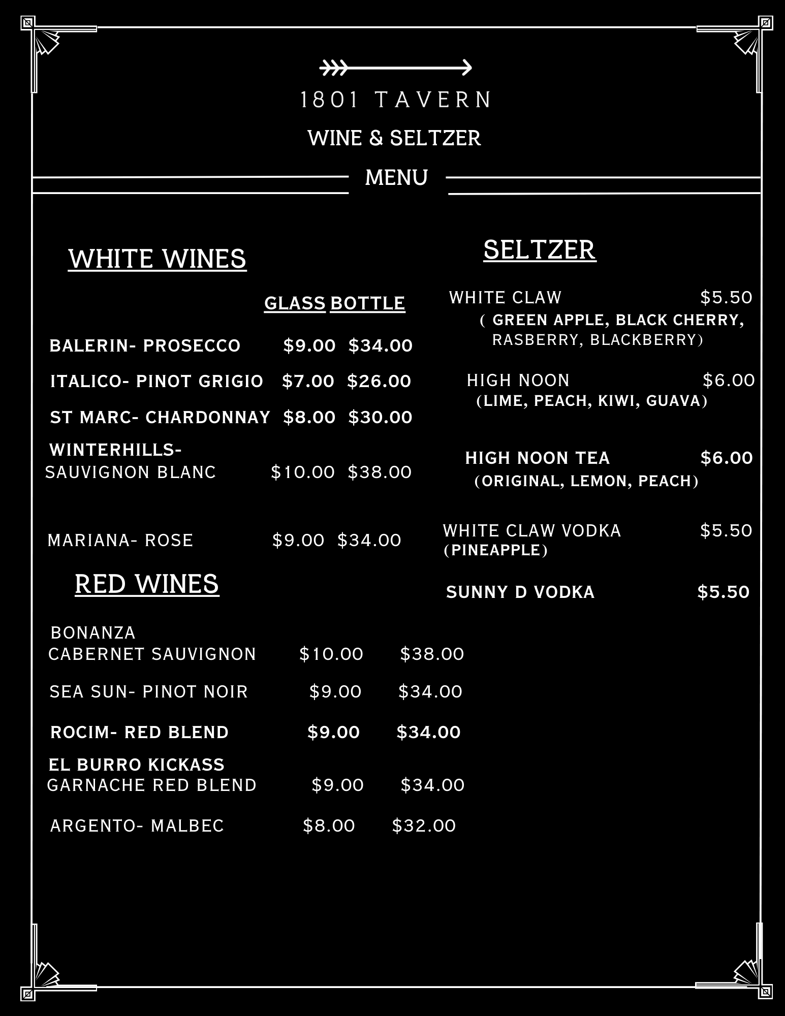 Menu — 1801 Tavern