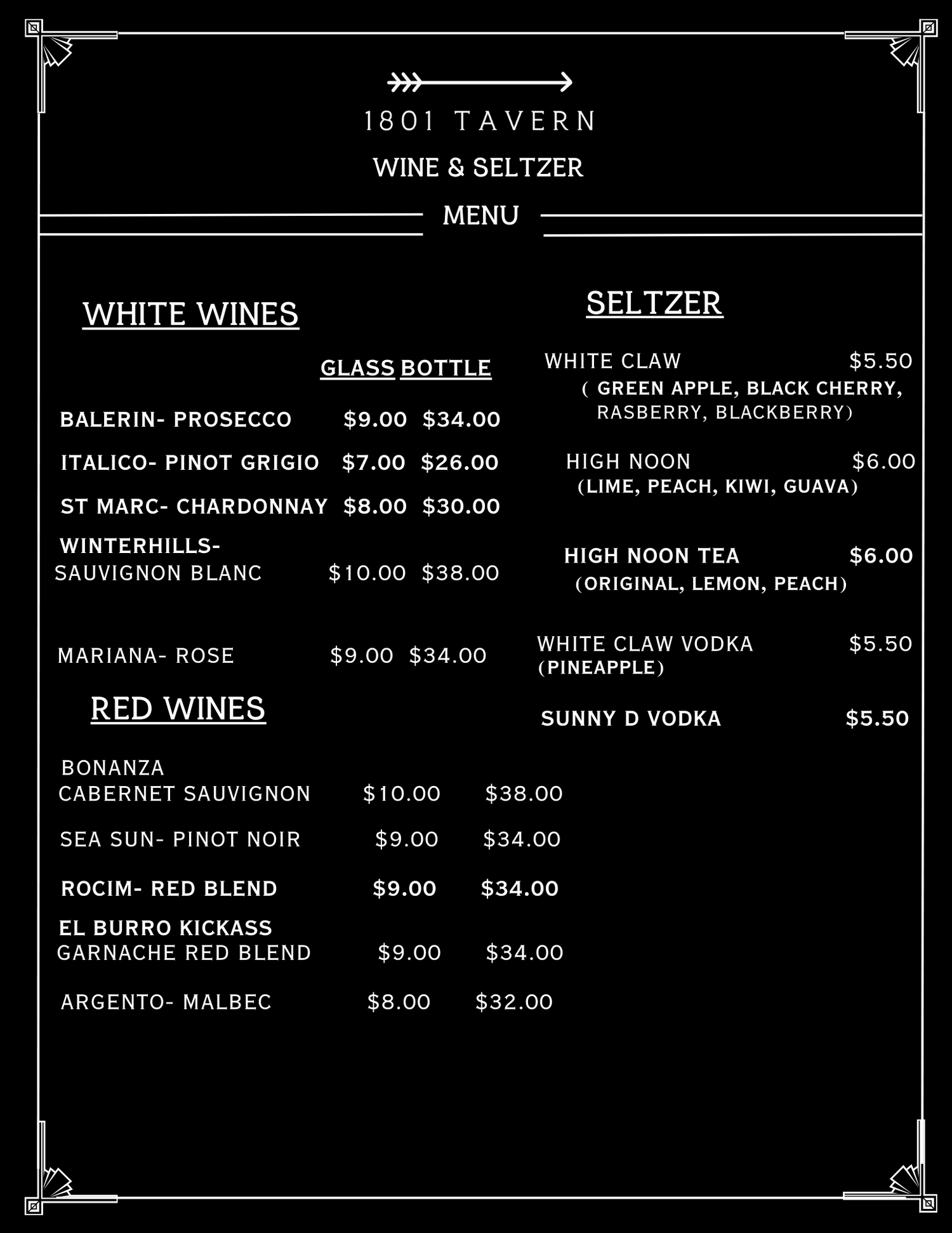 Menu — 1801 Tavern