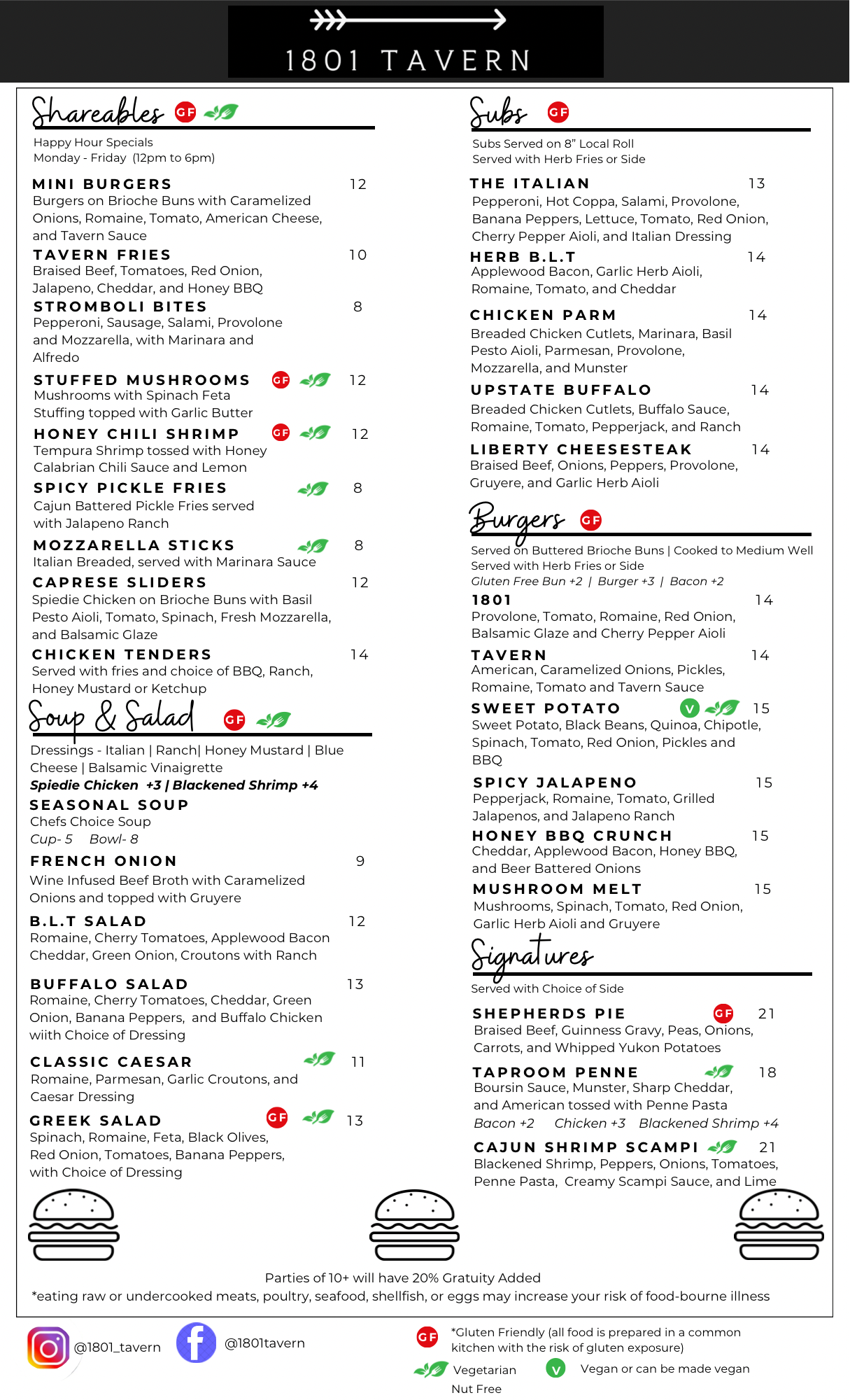 Menu — 1801 Tavern