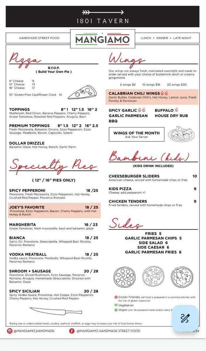 Food Menu — 1801 Tavern