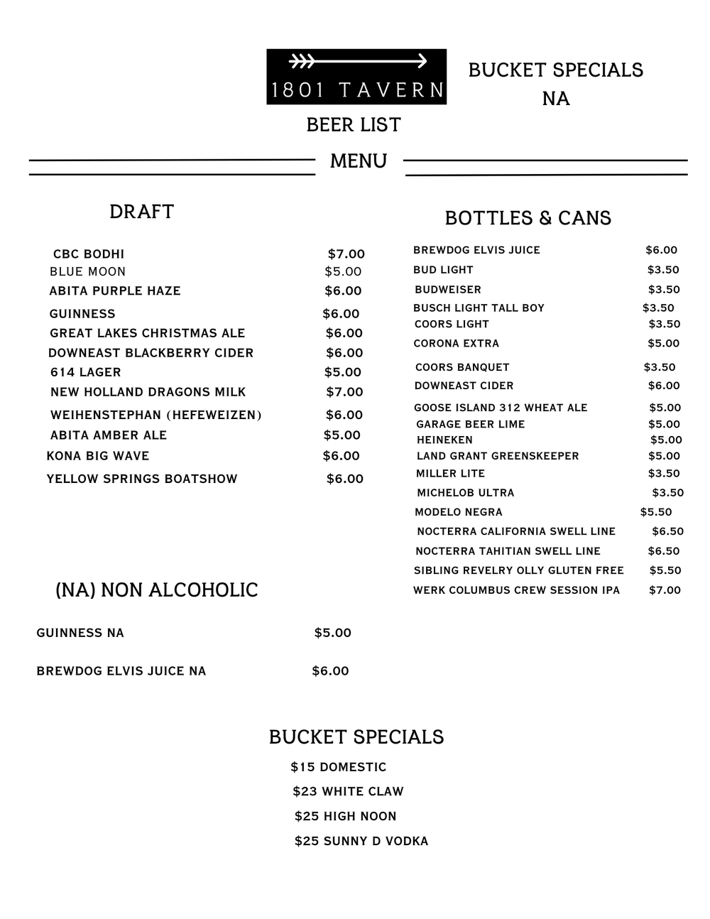 Menu — 1801 Tavern