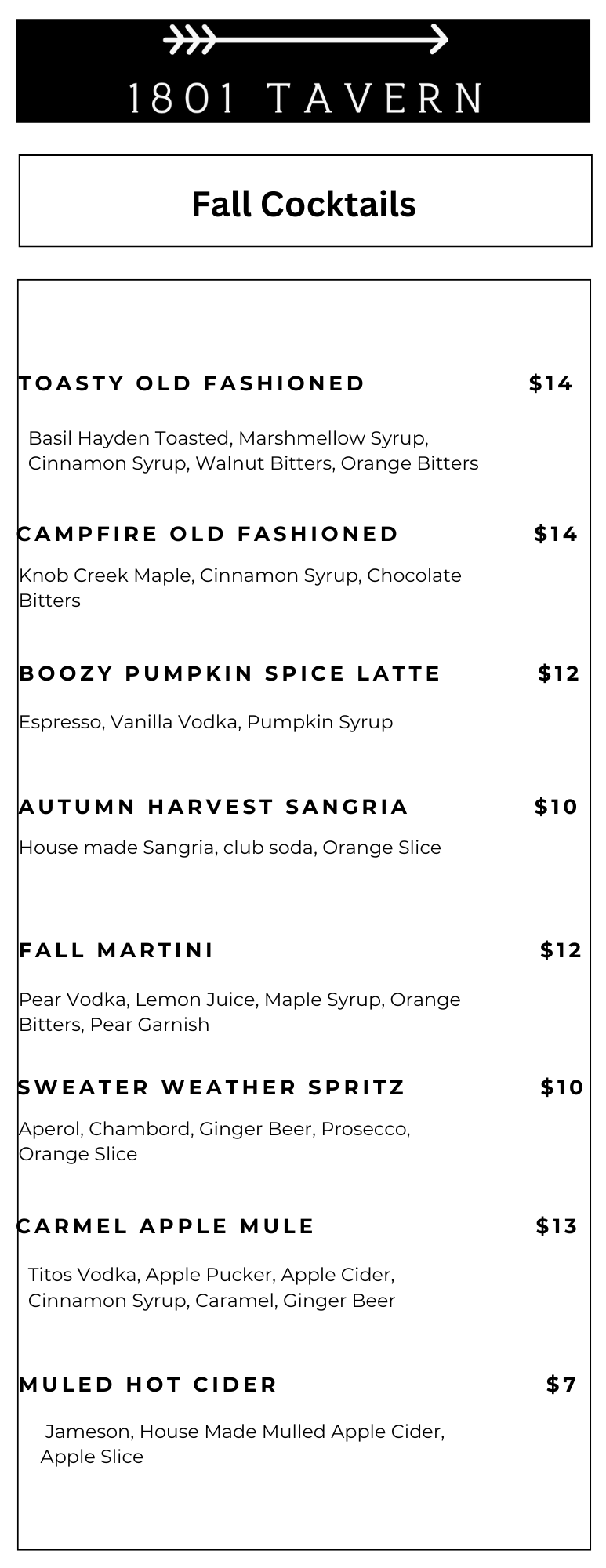 Menu — 1801 Tavern
