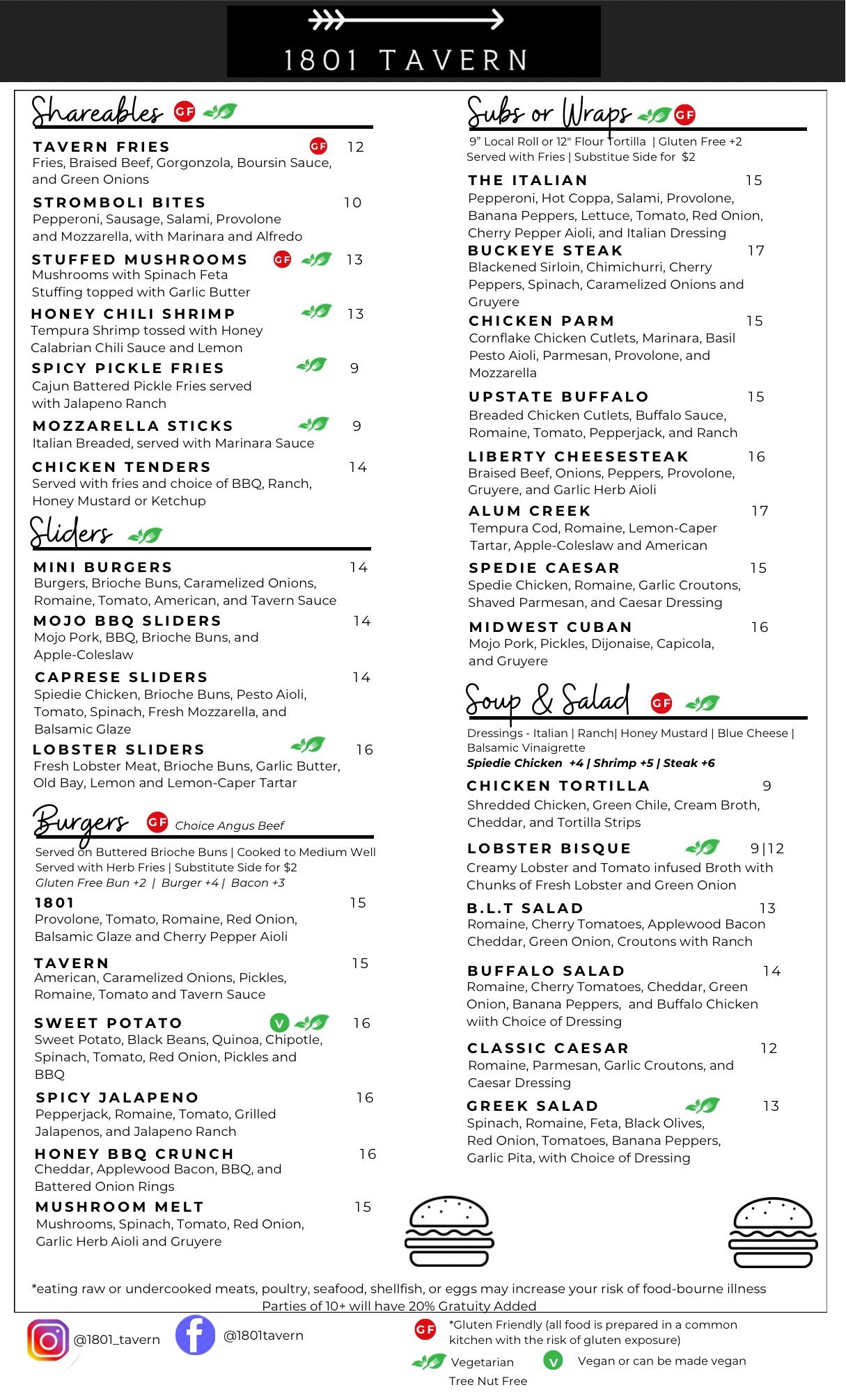 Menu — 1801 Tavern